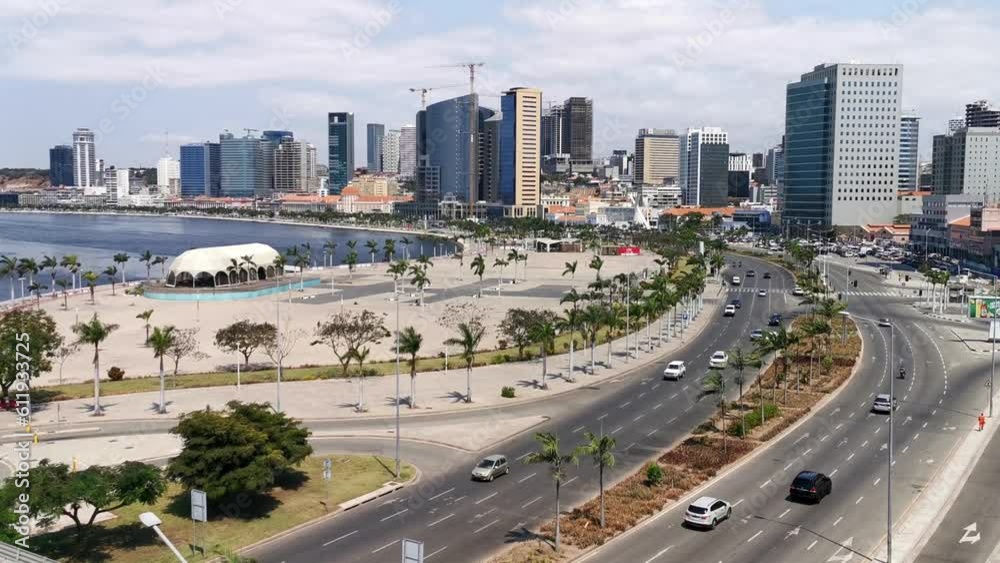 Aerial view of downtown Luanda, bay , Cabo Island and Port of Luanda ...