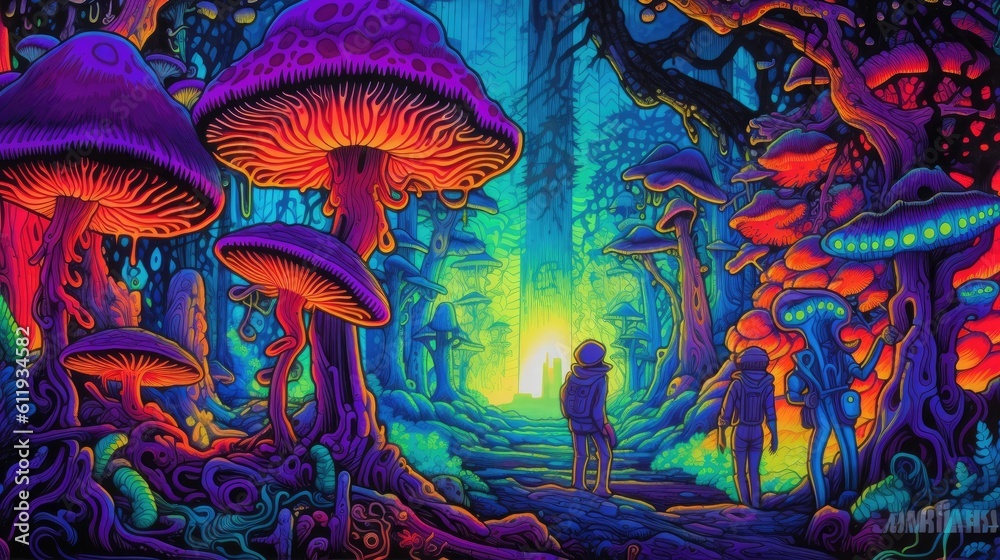 Fluorescent painting UV LIGHT POSTER, abstract drawing from an ...