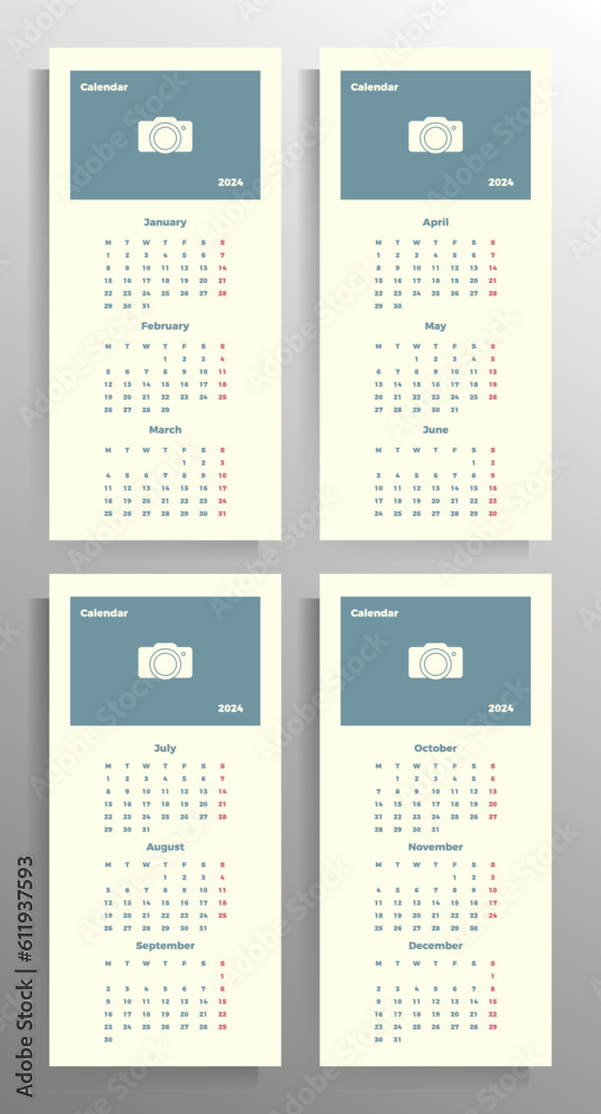 Quarterly calendar 2024 year. Set of vertical vector templates with a ...