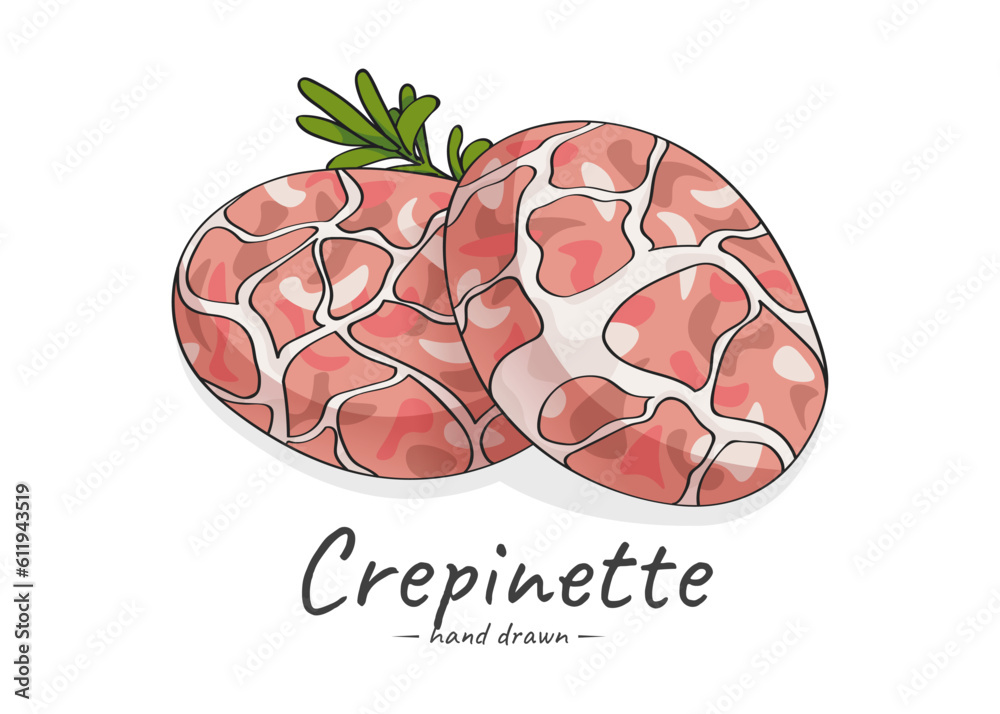 Colorful vector hand drawn illustration of raw crepinette cutlets ...