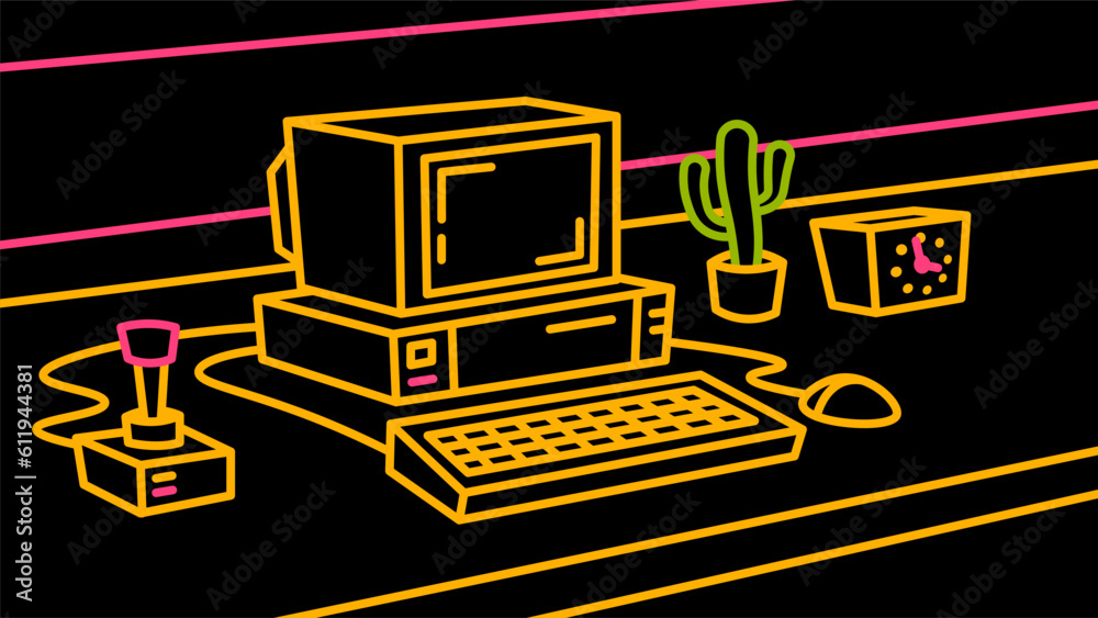 Vintage illustration of old srt monitor, computer and joystick. Retro ...