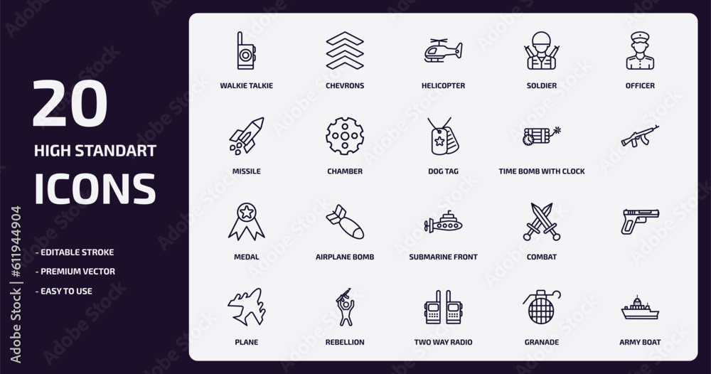 army and war outline icons set. army and war thin line icons pack such ...