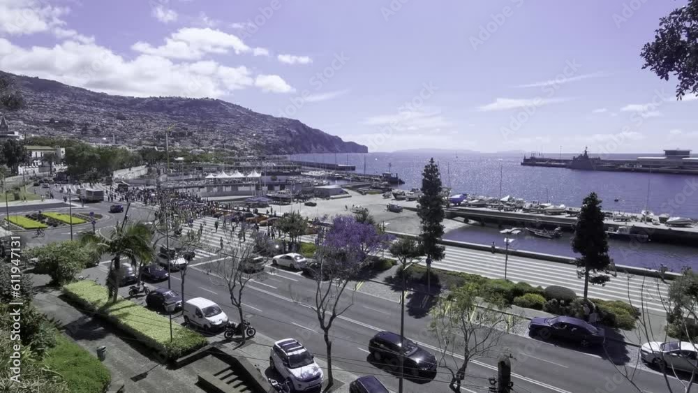 Full view of the tourist downtown area of Funchal, marina and port of ...