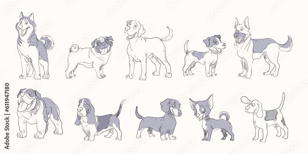 Set collection of breeds dog icon character hand drawing vector ...
