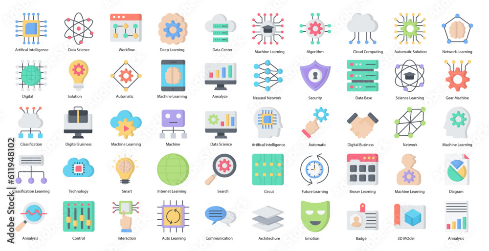 Machine Learning Flat Icons Artificial Intelligence Icon Set in Color ...