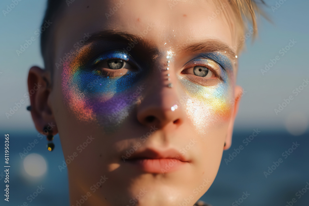 Gay man with shadows and glitter, closeup, ocean background. Generative ...