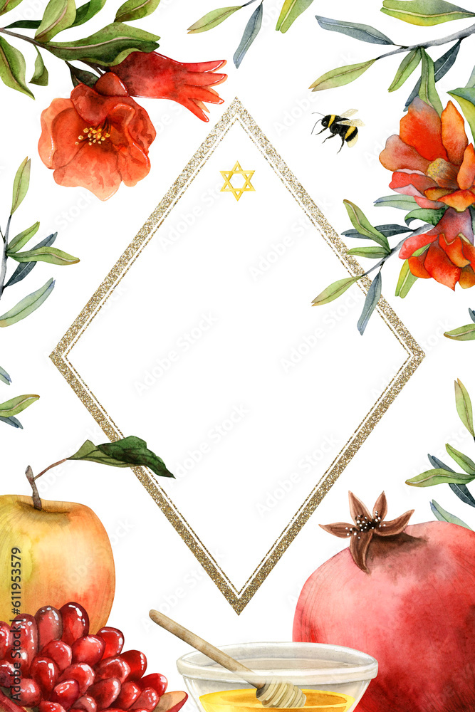 Rosh Hashanah greeting card template watercolor illustration isolated ...