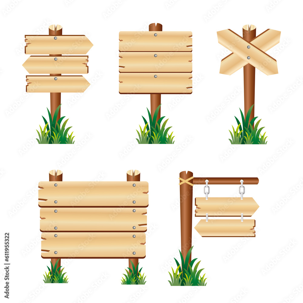 Bundle of Sign boards in green grass, wooden plank road signs, wood ...
