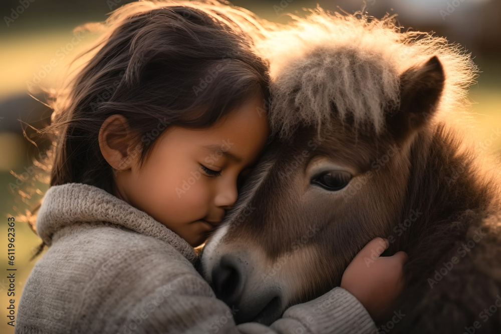 Close-up portrait illustration of a cute little girl cuddling with a ...