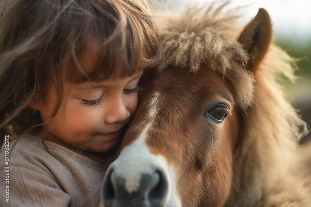 Close-up portrait illustration of a cute little girl cuddling with a ...