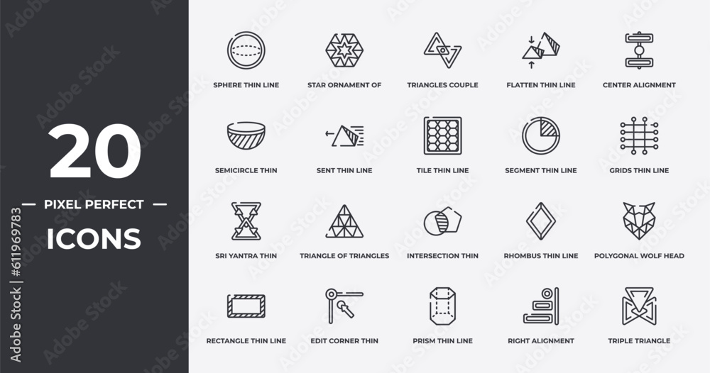 set of geometry outline icons. thin line icons such as sphere thin line ...