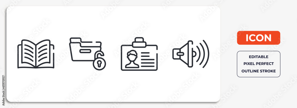 set of user interface outline icons. thin line icons included open diary thin line, unlock ...
