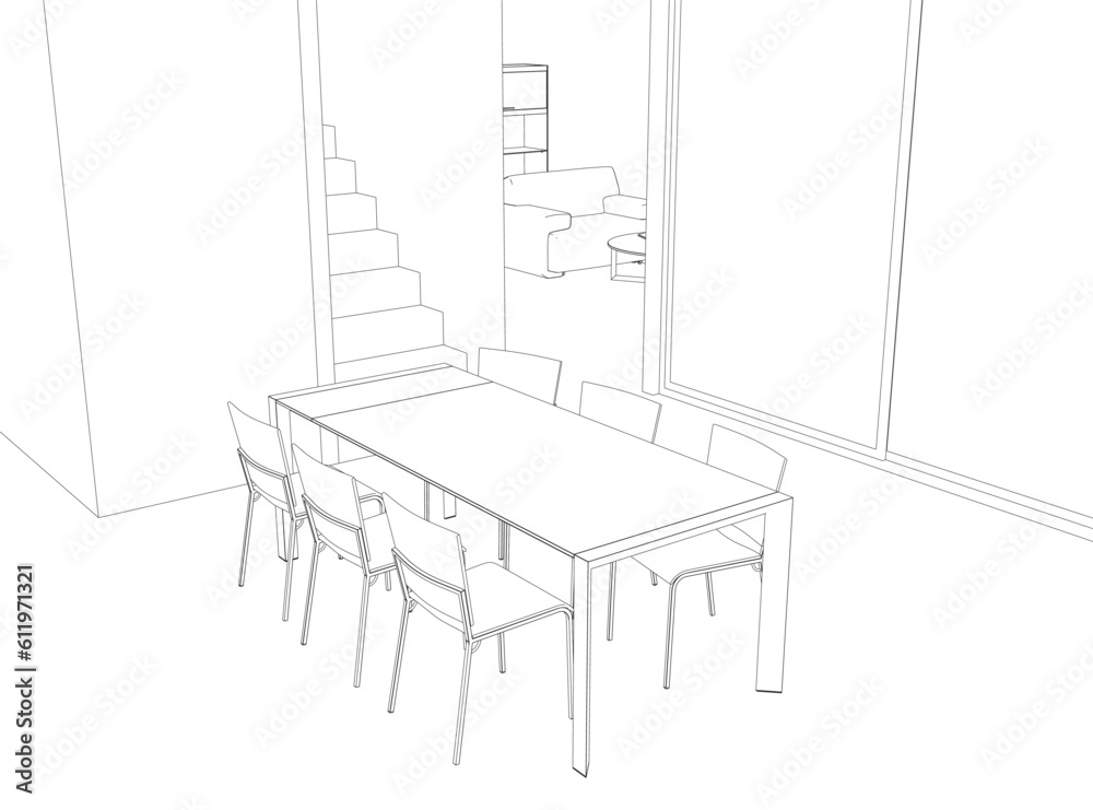 Outline Dining room home interior graphic black white sketch ...