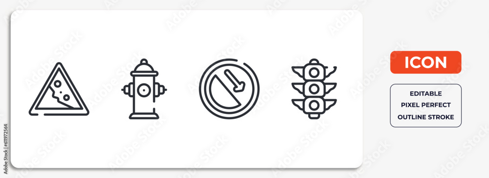 set of signs outline icons. thin line icons included landslide thin line, hydrant thin line ...
