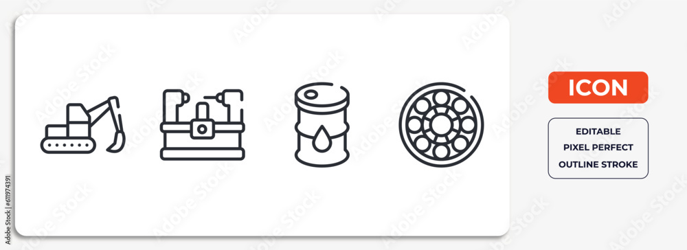 set of industry outline icons. thin line icons included excavator thin line, lathe hine thin ...
