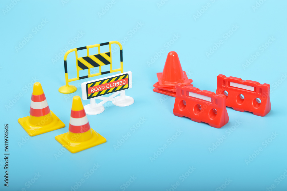 Traffic road repair barriers set with text under construction. Safety ...