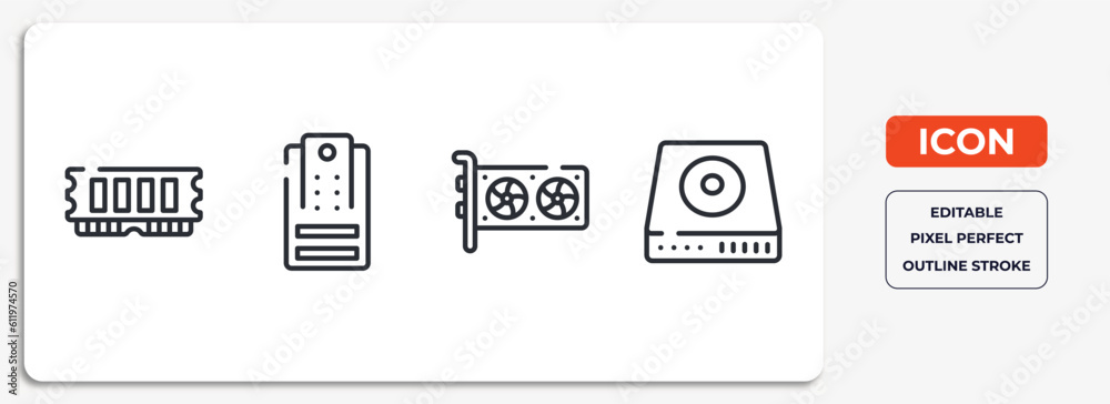 set of hardware outline icons. thin line icons included random access memory thin line, system ...