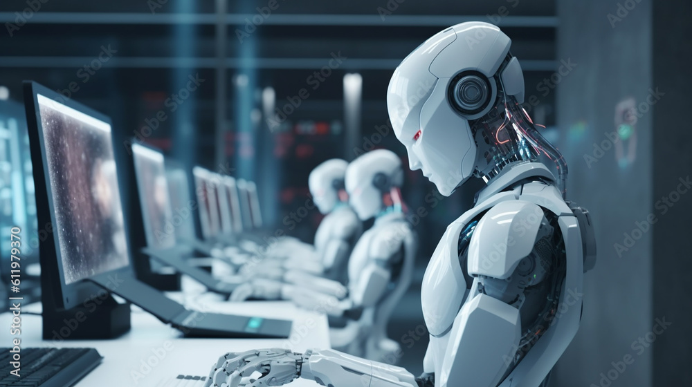 White Ai robot working and looking on monitor creen computer lab, high-tech artificial ...
