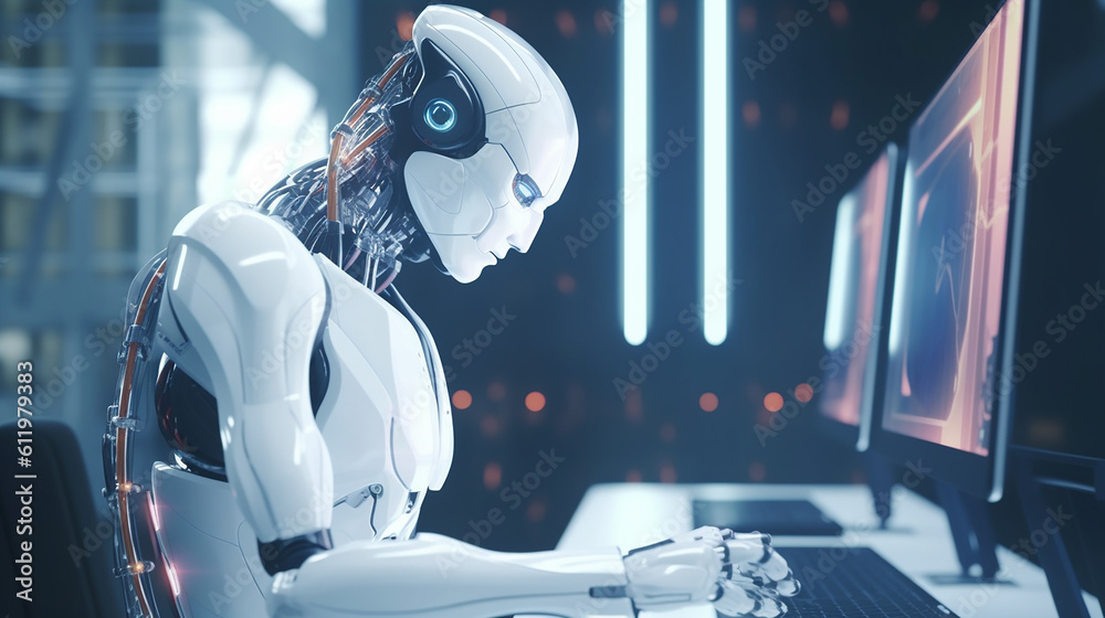 White Ai robot working and looking on monitor creen computer lab, high-tech artificial ...