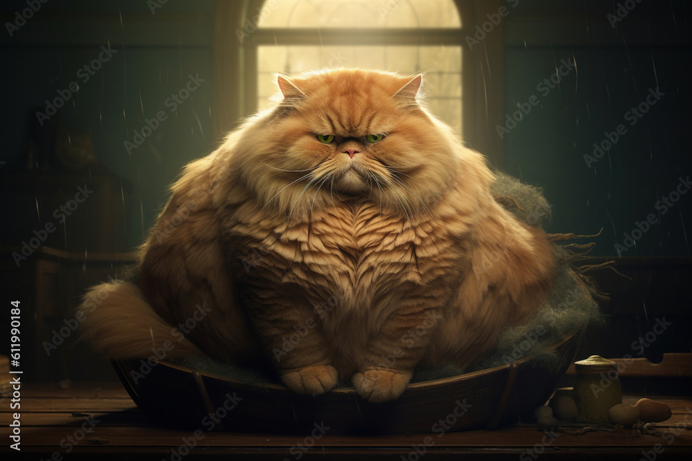 Ginger huge fat cat. Angry fluffy fat cat sitting in a basin with ...