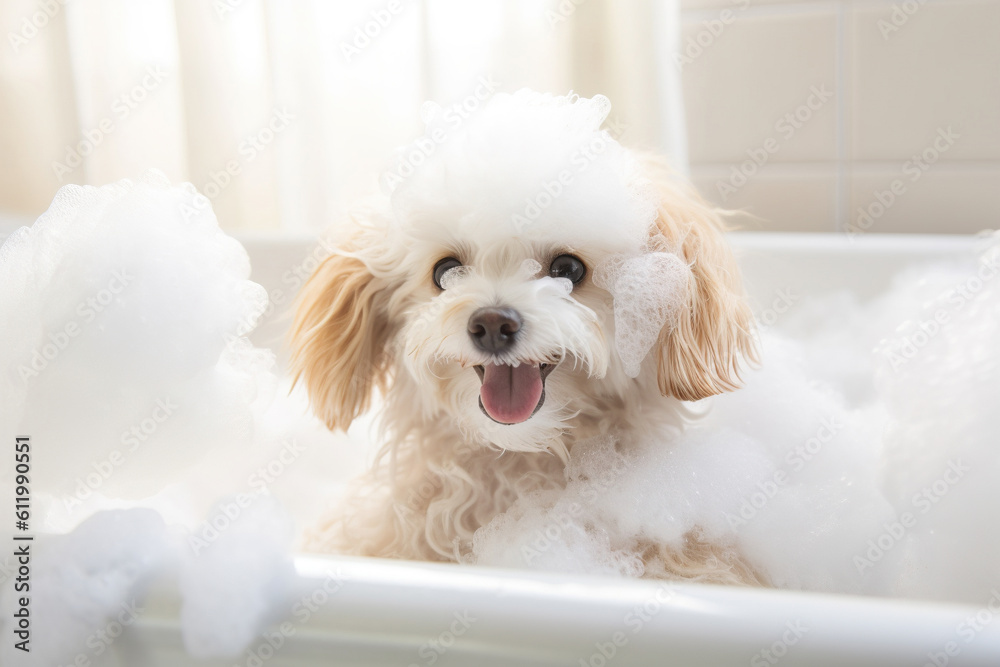 Funny white toy poodle in a bubble foam bath. Satisfied white curly dog ...