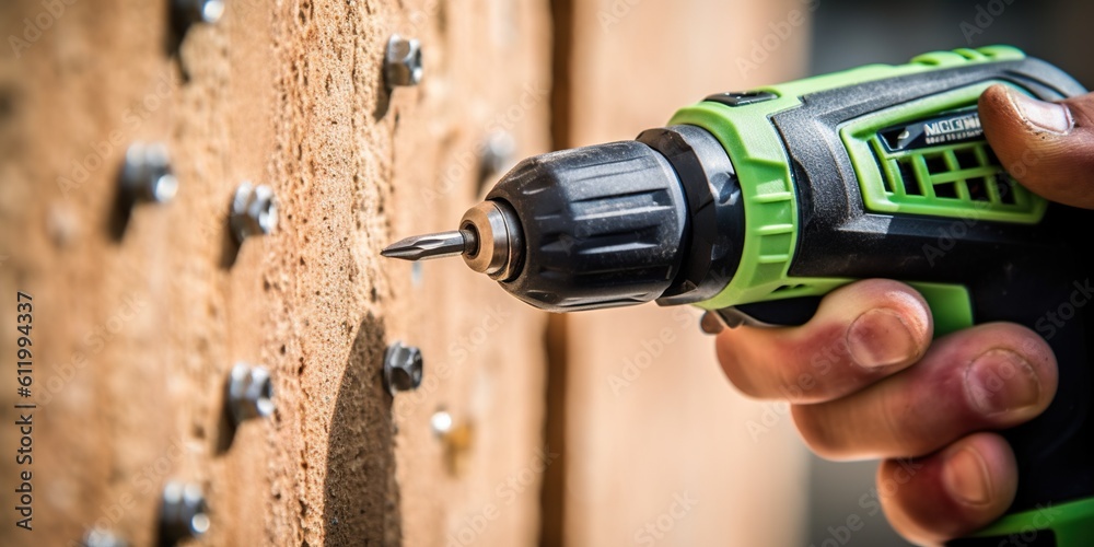 Hand screws in a wall using an electric screwdriver , concept of DIY ...