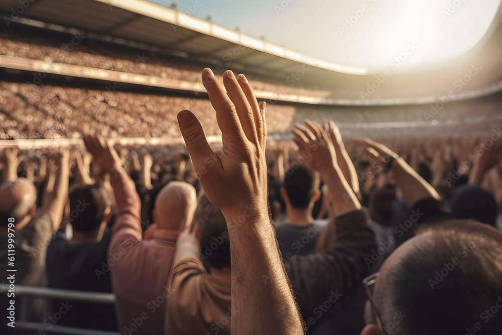 Crowd of sports fans cheering during a match in stadium. Excited people ...