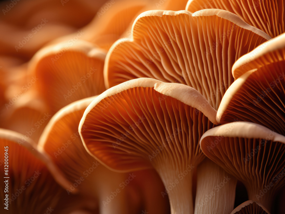 Macro image of a Sajor-caju mushroom, capturing the intricate and ...