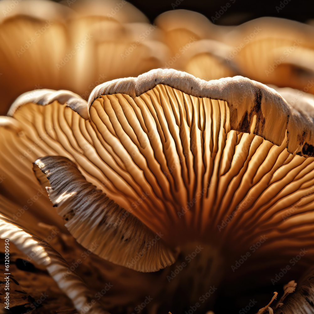 Macro image of a Sajor-caju mushroom, capturing the intricate and ...