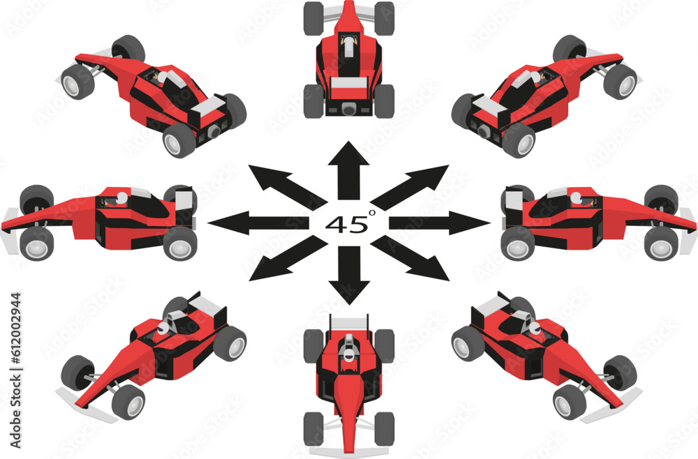 Rotation of racing car by 45 degrees. Red sport car with pilot in ...