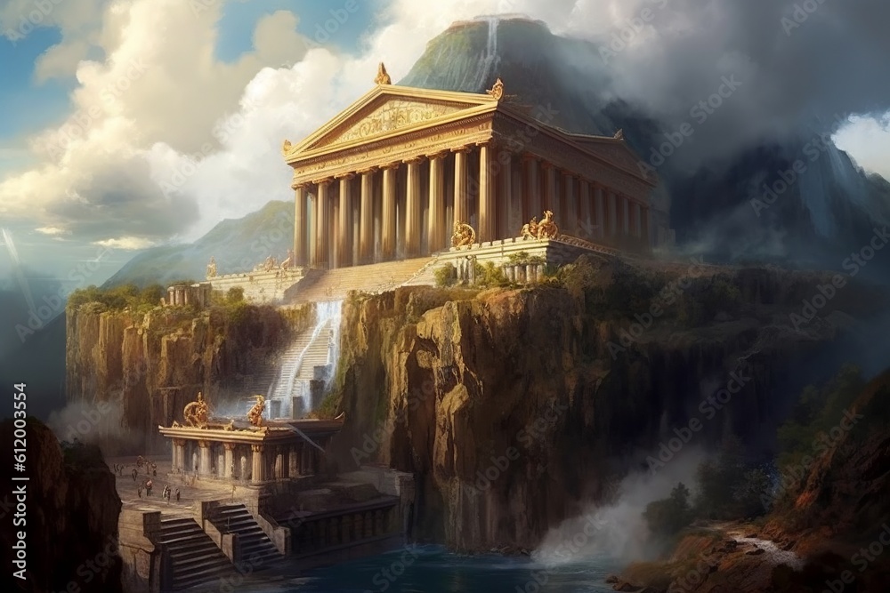 Illustration of Mount Olympus with grand temples and mythical creatures ...