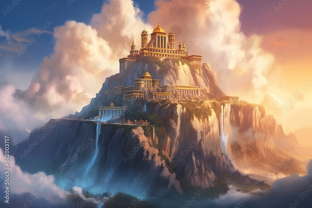 Illustration of Mount Olympus with grand temples and mythical creatures ...