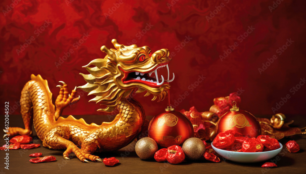 Chinese dragon with decorating spirit offerings props pay respect to ...
