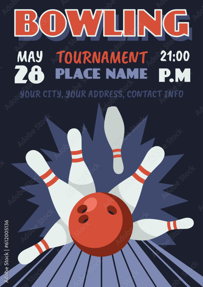Bowling tournament poster. Group sports game, ball breaking skittles ...