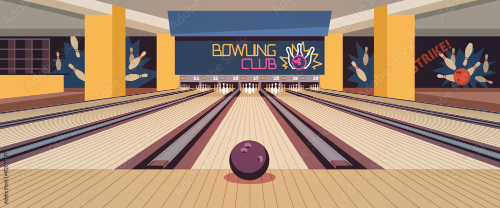 Cartoon bowling center interior. Wooden alleys with skittles, ball for ...