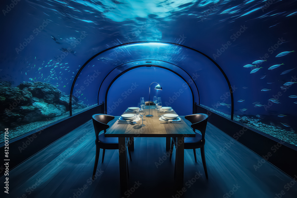 Photo & Art Print underwater restaurant interior in maldives , AI ...