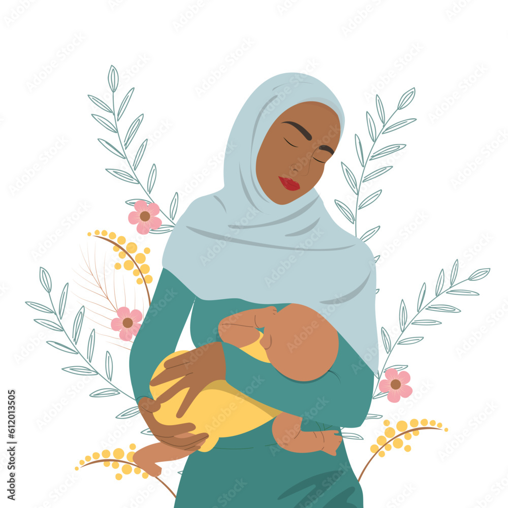 Vetor de Muslim woman breastfeeds a baby. Flat vector illustration ...