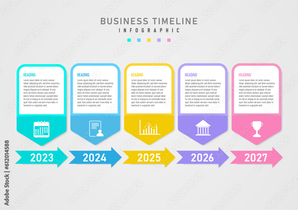5 years timeline infographic template. Multi colored sharp angled ...