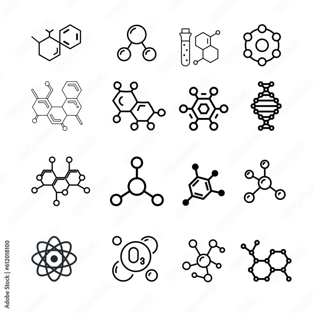 Molecule flat line icons set. Chemistry, molecular structure, chemistry ...