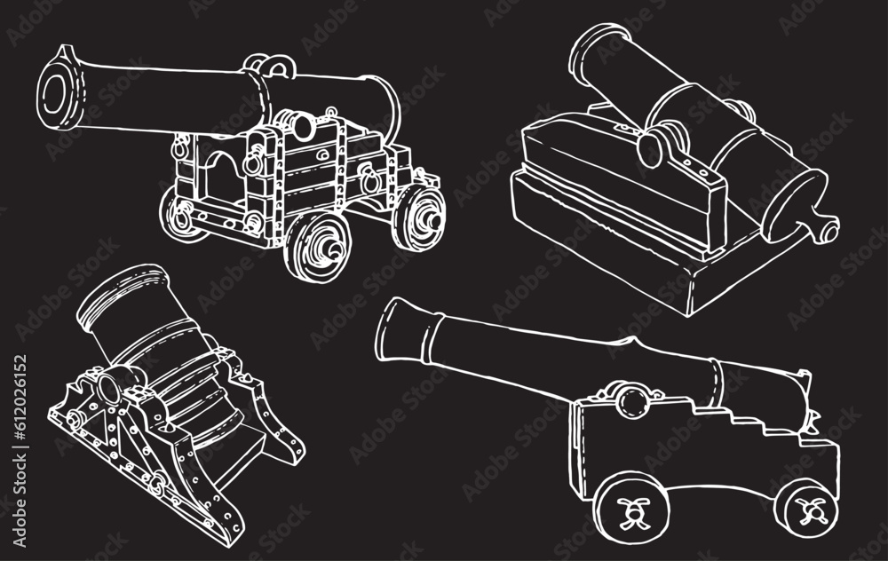 Graphical sketchy set of guns, a type of artillery piece on black ...