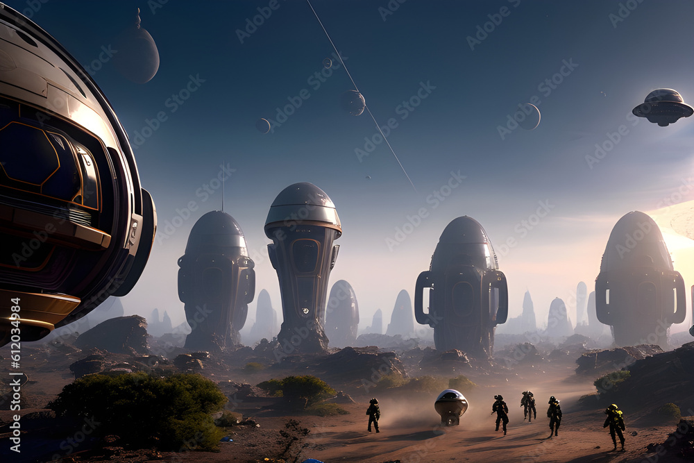Awe-inspiring image of aliens and their ships in an alien planet, a ...