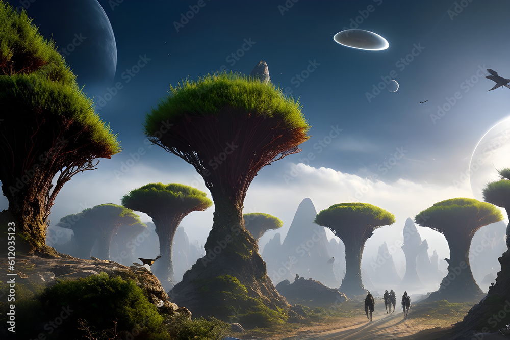 Mystical image capturing alien trees and beings in an otherworldly ...