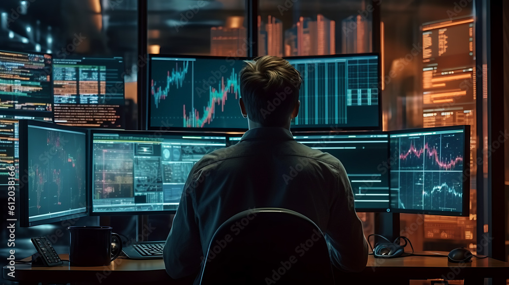 Stock Trader Man Using Multiple Monitors while working at night. Back view.Created with ...