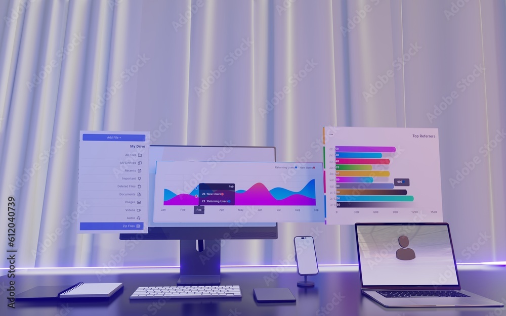 Digital Data Visualization: Illustration of Laptops, Mobile Phones, and ...