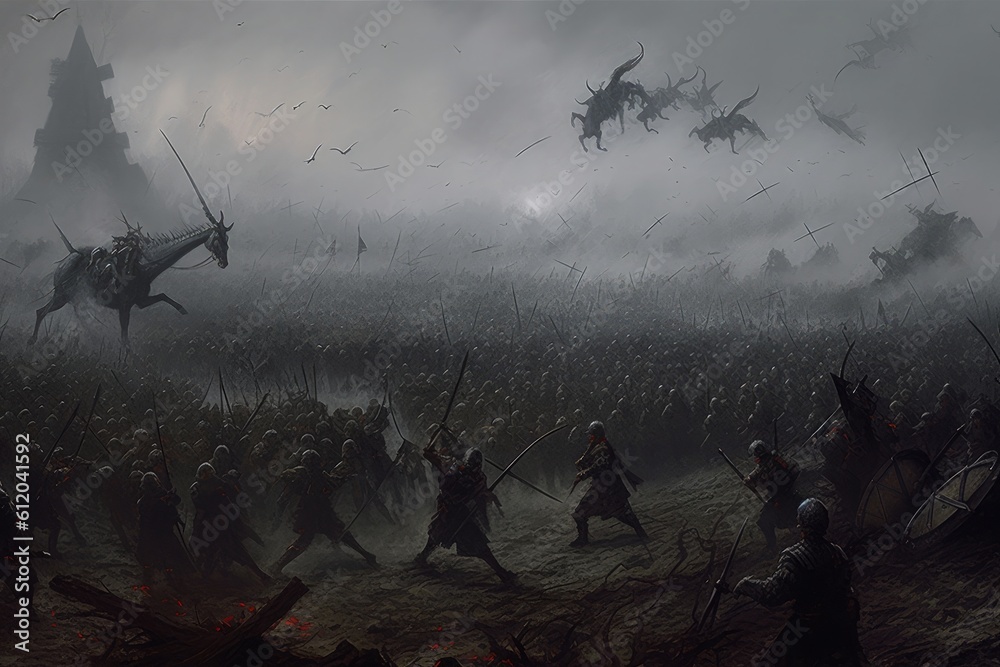 Fantasy battle. A large group of people in combat gear, in the style of ...