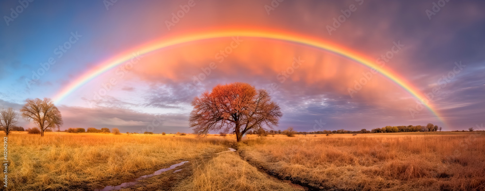 Bright rainbow column over a green field and forest. Rainbow after the ...