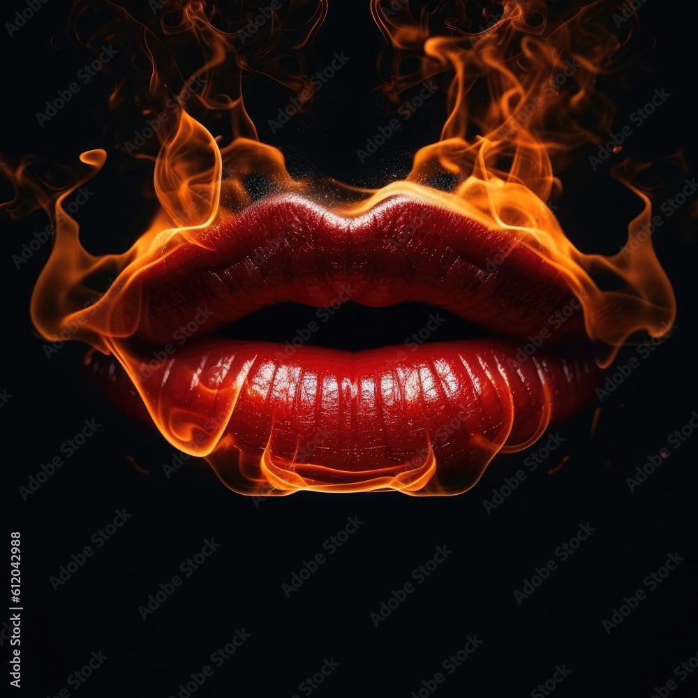 Sexual red lips with fire flame isolated on black background.Hot kiss.A ...