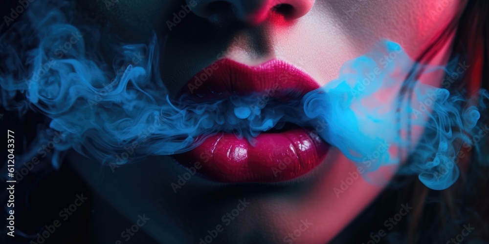 advertising of vapes. Sexual pink lips with blue smoke. Ai generated ...