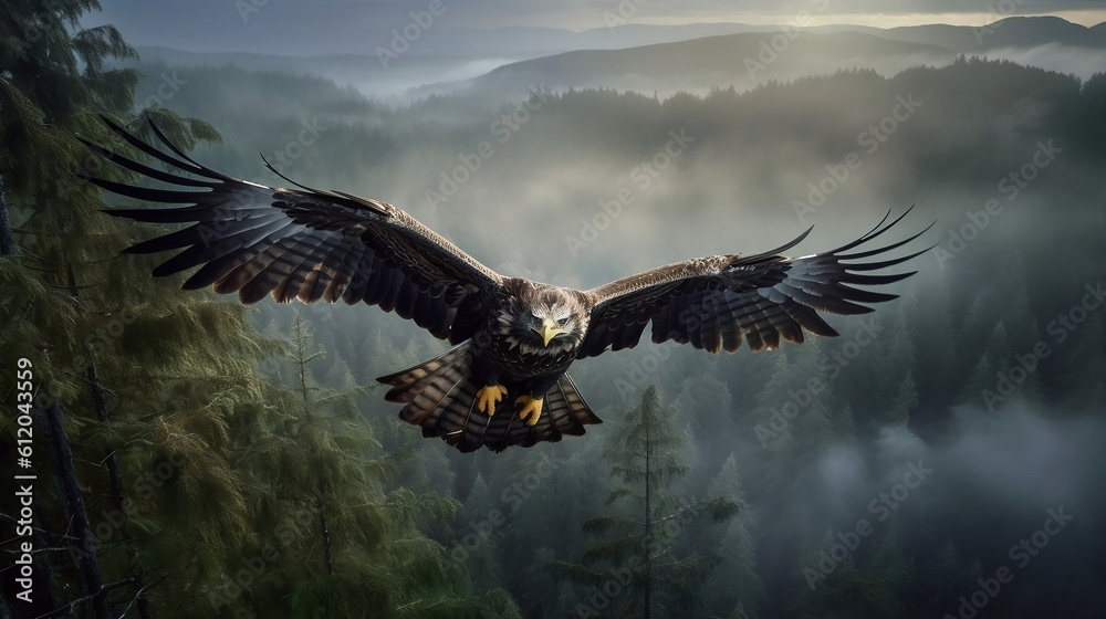 magnificent eagle in flight, with its wings fully extended against a ...