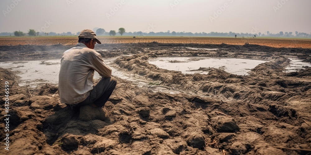 A farmer looks on in despair at his contaminated field, the extent of ...